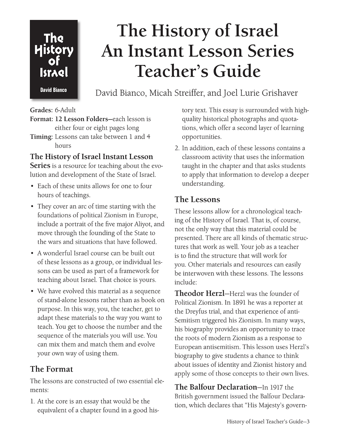 History of Israel: Teacher's Guide – Torah Aura Productions